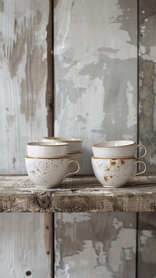 Three Rustic Coffee Cups on a Wooden Shelf Creating a Cozy Atmosphere ...