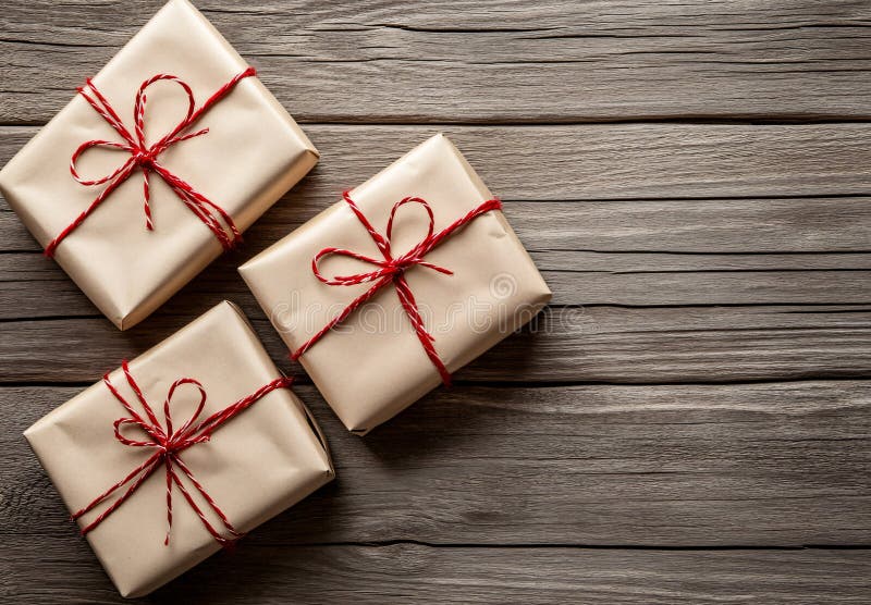 Three Rustic Gift Boxes on Wooden Background, High Quality Image Stock ...