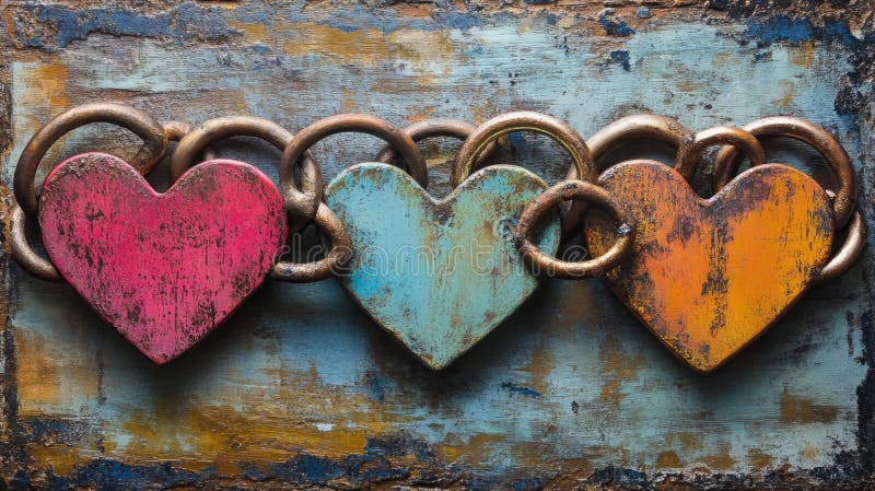 Three Rustic Hearts Connected by a Chain on a Weathered Wooden Surface ...