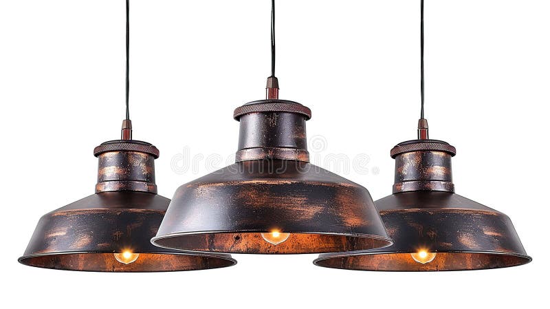 Three Rustic Pendant Lights with Edison Bulbs Hanging in a Row on White ...