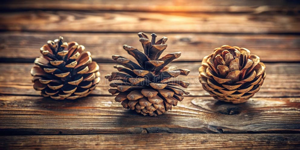 Three Rustic Pine Cones Arranged on Weathered Wood. Generative AI Stock ...