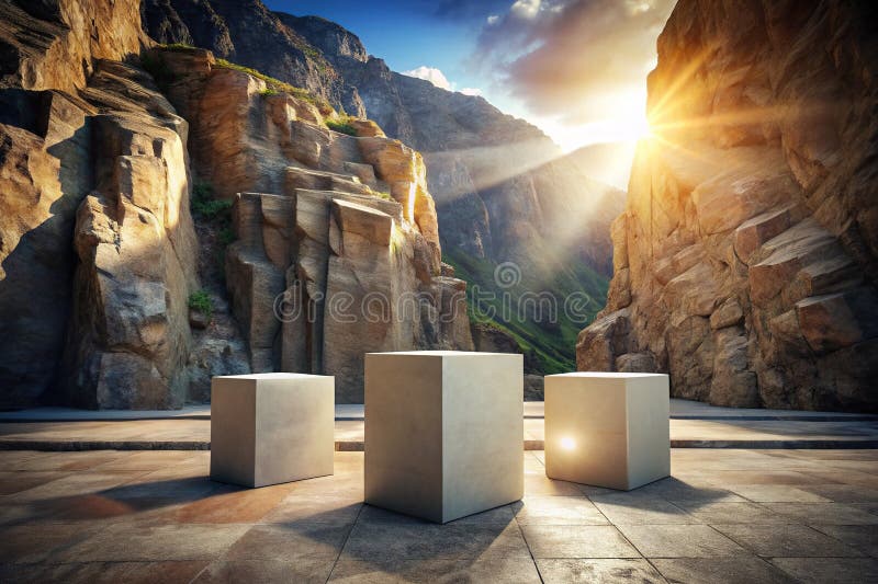 Three Rustic Stone Podiums on a Dramatic Rocky Cliff Face a Natural and ...