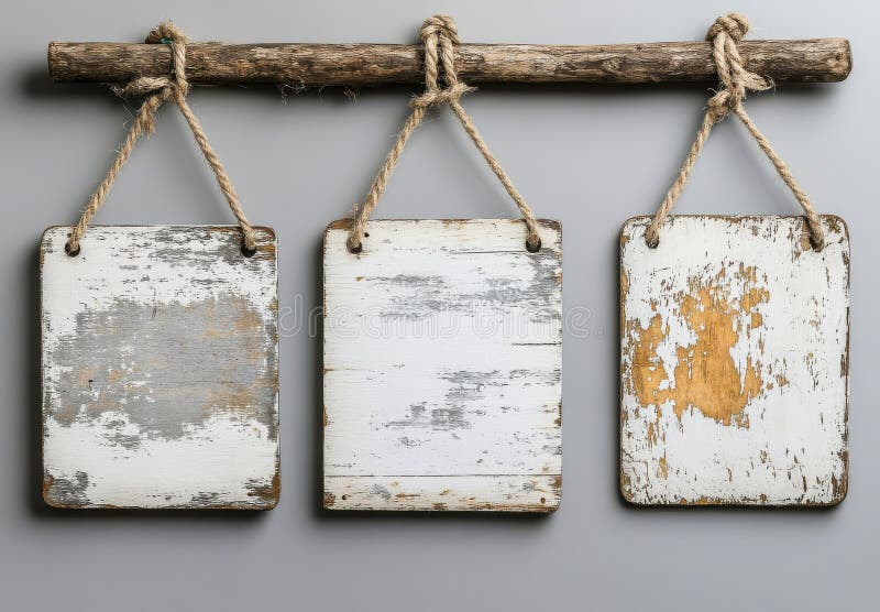 Three Rustic White Wooden Hanging Signs on Gray Background Stock ...