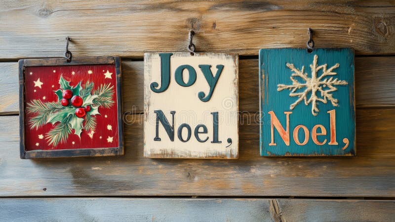 Three Rustic Wooden Christmas Signs Hanging on a Weathered Wall Stock ...