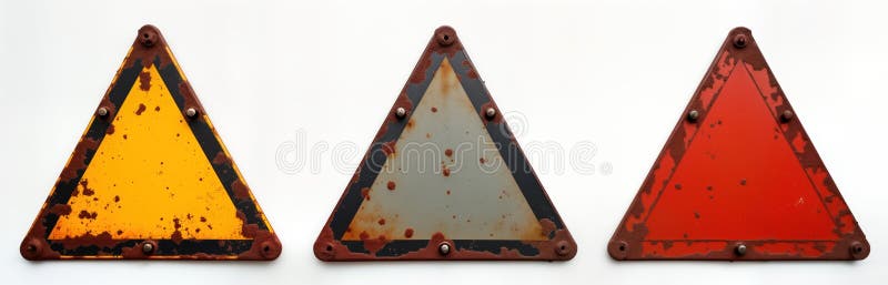 Three Rusty Triangle Warning Signs with White Background. Yellow, Gray ...