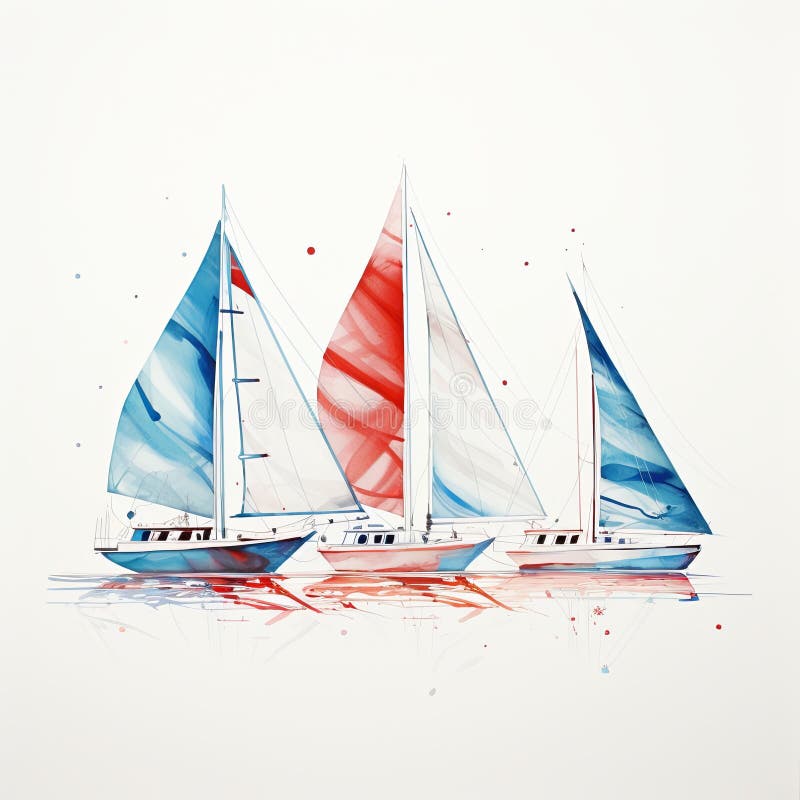 Three Sailboats with Blue, White, and Red Sails on a White Background ...