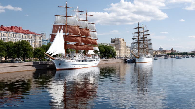 Three Sailing Ships with Red Sails and White Flags Grace the St Stock ...