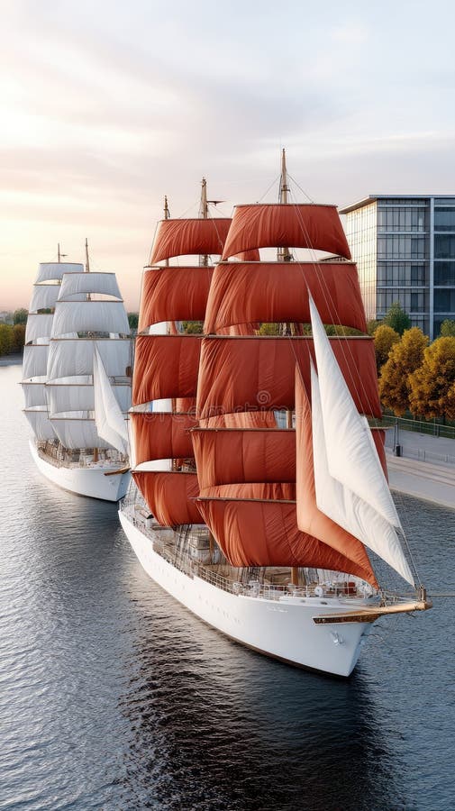 Three Sailing Ships with Red Sails and White Flags Grace the St Stock ...