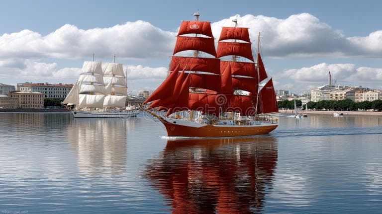 Three Sailing Ships with Red Sails and White Flags Grace the St Stock ...