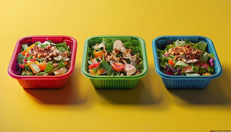 Three Salads in Colorful Square Plastic Lunch Containers, Bright Yellow ...