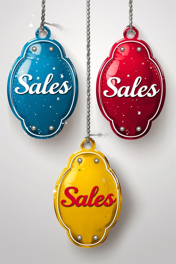 Three Sales Signs Suspended from Chains Against a Wall Stock Image ...
