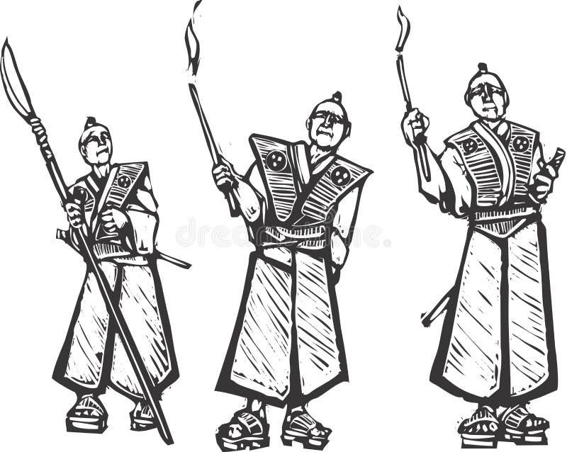 Three Samurai stock vector. Illustration of castle, fire - 8999569