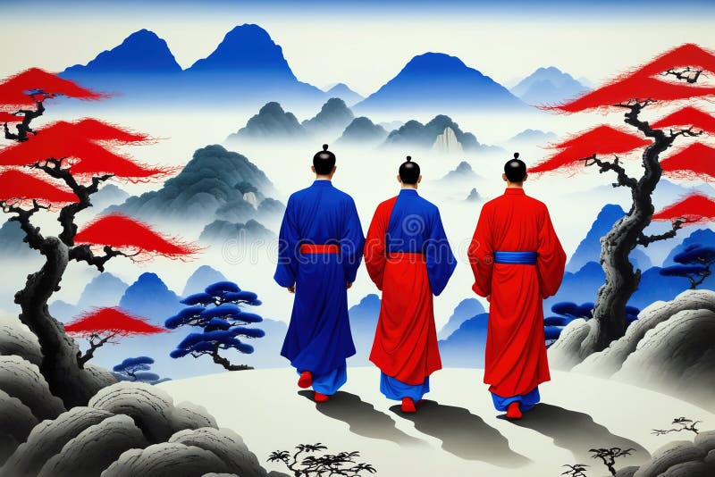 Three Samurai Against Backdrop of Mountains Stock Illustration ...