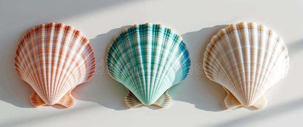 Three Scallop Shells of Varying Colors Displayed Together Stock Photo ...