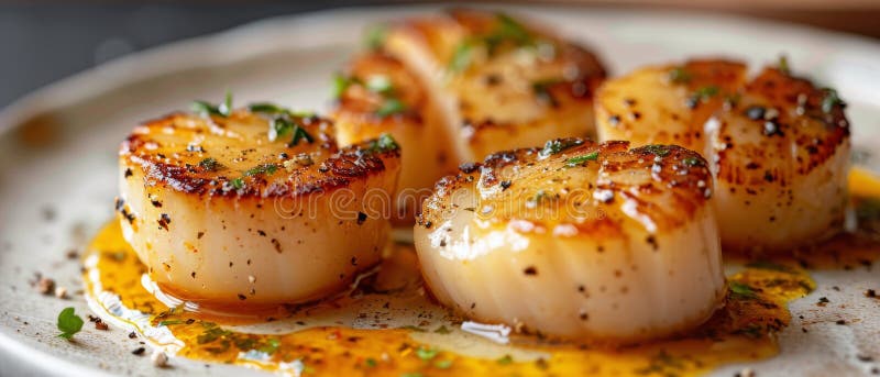 Three Scallops on a Plate with Sauce and Garnish Stock Photo - Image of ...