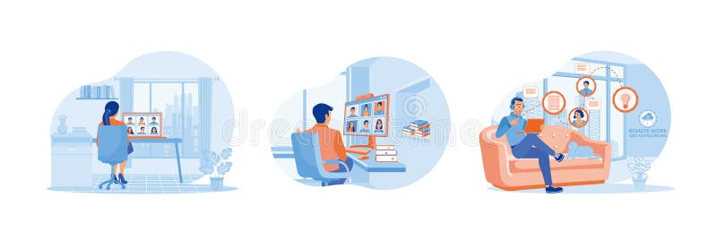 Three Scenes Depicting Remote Work with Technology in Modern Workspace ...