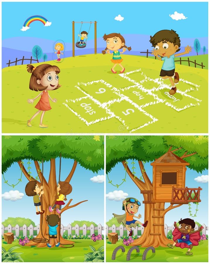 Three Scenes with Kids Playing in the Park Stock Vector - Illustration ...