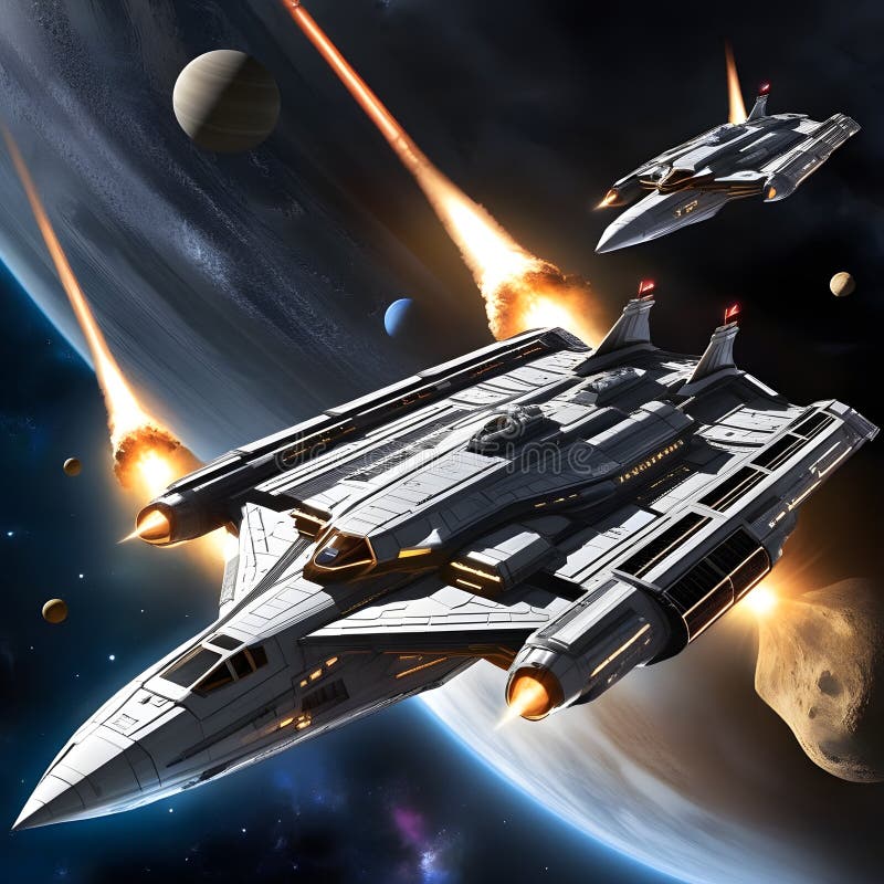 Three Sci - Fi Ships Flying Near a Planetary Object in a Space Stock ...