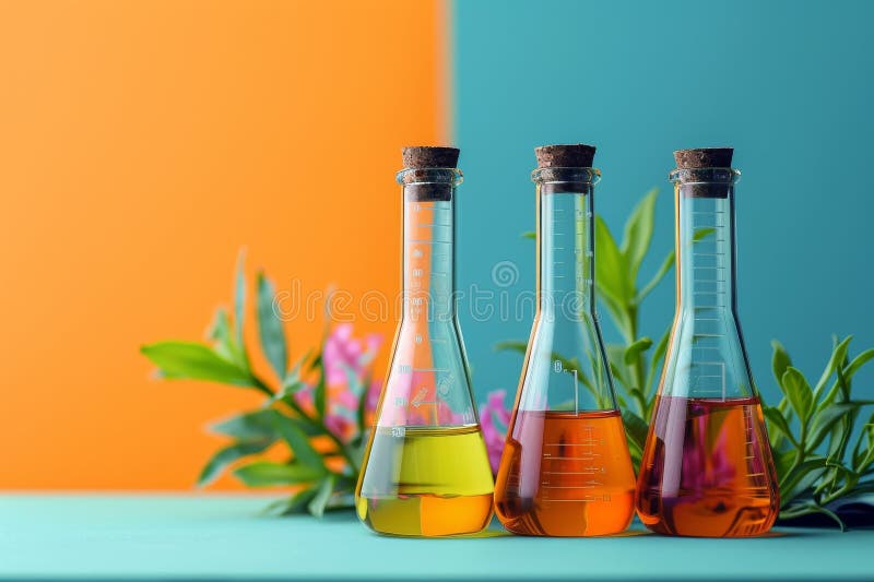 Three Flasks Filled with Liquid on Table. Generative AI Stock ...