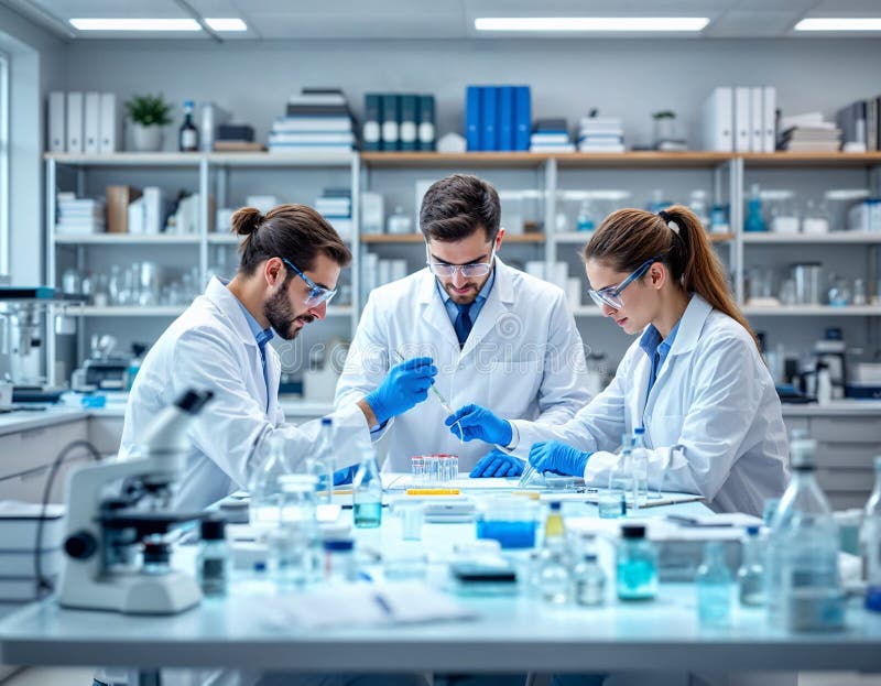 Three Scientists Collaborate in a Modern Laboratory Setting during a ...