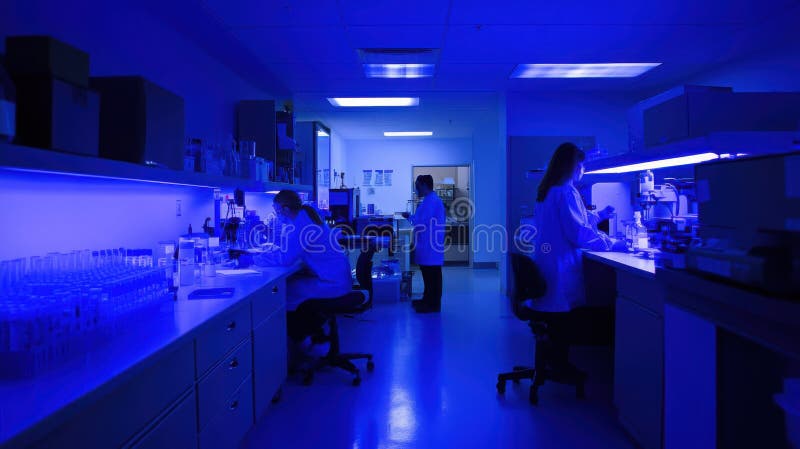 Three Scientists in Lab Coats are Working in a Lab with a Blue Light ...