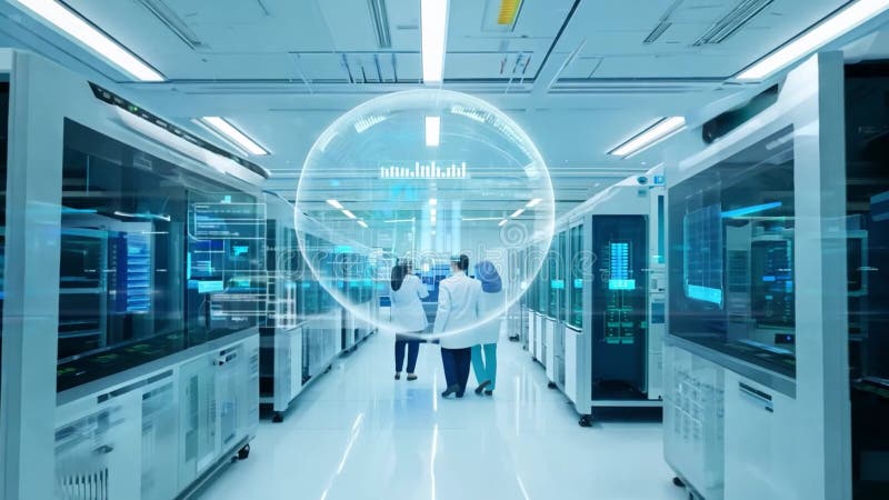 Three Scientists Walking through a Modern Laboratory with Large Digital ...