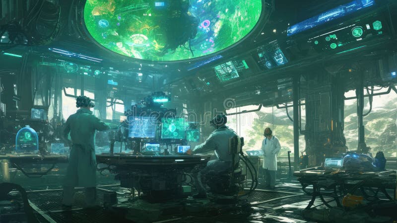 Three Scientists Work in a Futuristic Lab with a Holographic Globe ...