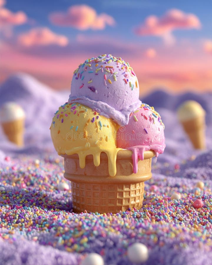 Three Scoop Ice Cream Cone with Sprinkles on Pastel Background Stock ...