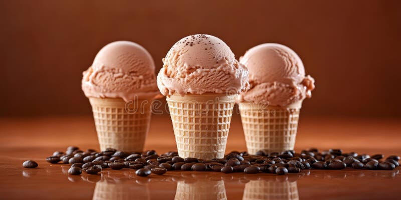Three Scoops of Coffee Ice Cream in Waffle Cones with Coffee Beans on a Reflective Surface Stock ...