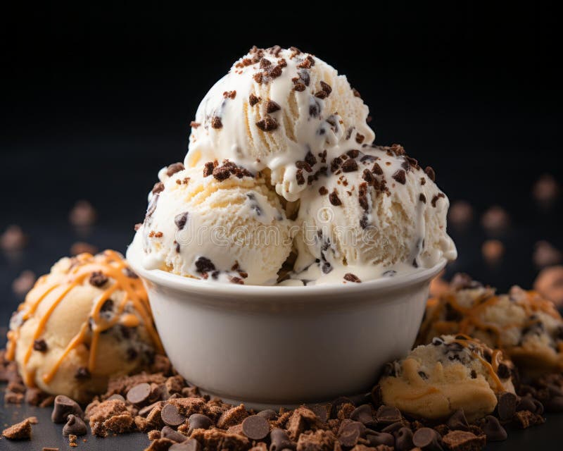 Three Scoops Of Ice Cream In A Bowl With Chocolate Chips Stock