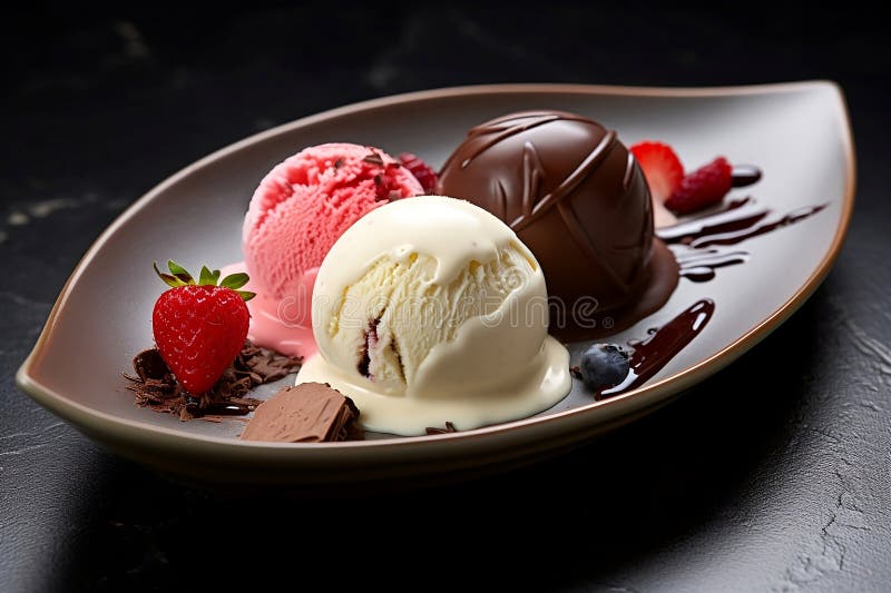 Three Scoops Of Ice Cream Close Up Vanilla Strawberry And Chocolate