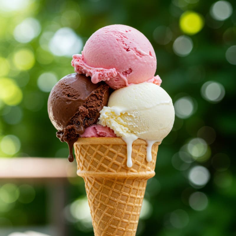 Three Scoops Ice Cream Cone Melting on a Summer Day Stock Illustration ...