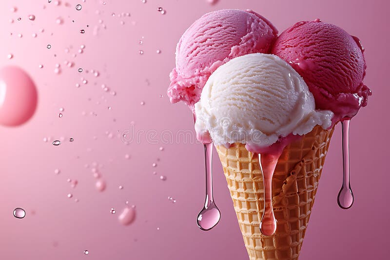 Three Scoops of Ice Cream Dripping on a Pink Background Stock ...