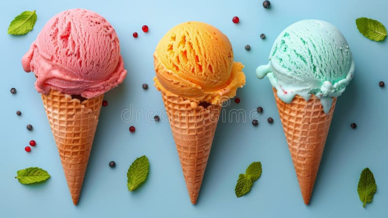 Three Scoops of Ice Cream with Leaves on Blue Background Stock Image ... Three Scoops of Ice Cream with Leaves on Blue Background Stock Image ...