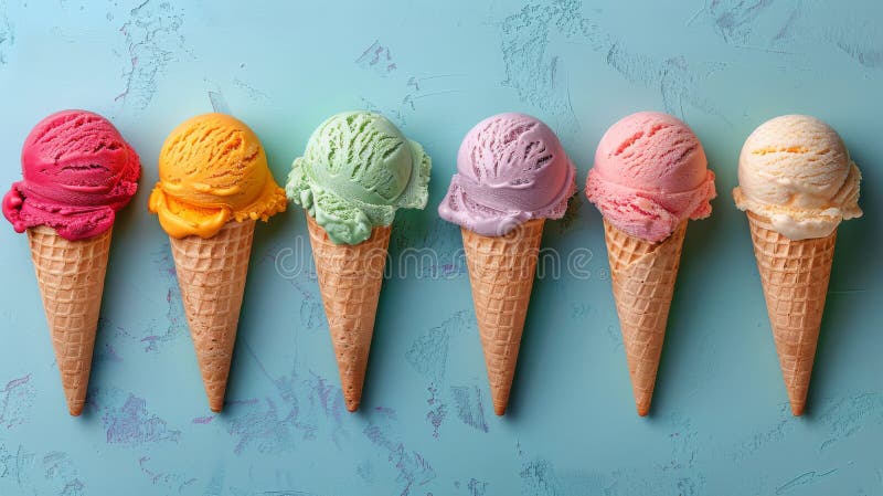 Three Scoops of Ice Cream with Leaves on Blue Background Stock Image ... Three Scoops of Ice Cream with Leaves on Blue Background Stock Image ...