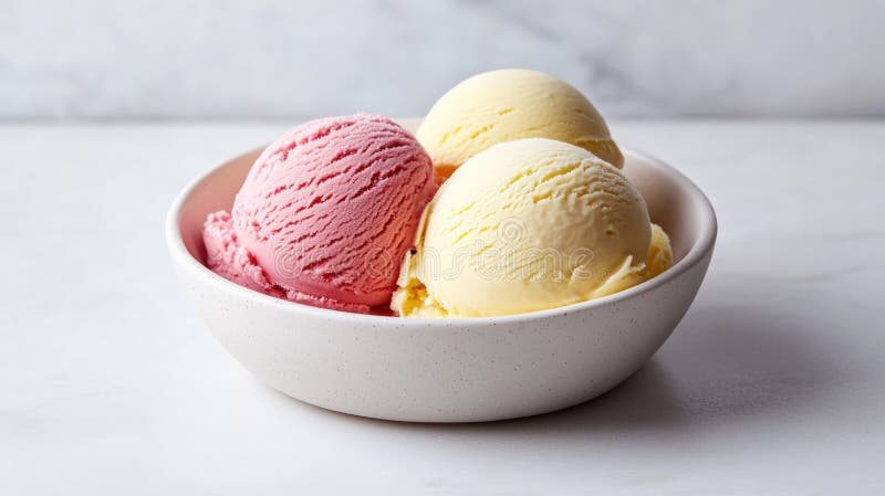 Three Scoops of Ice Cream, One Pink and Two Yellow, in a White Bowl ...