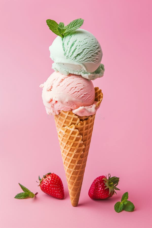 Three Scoops of Ice Cream with Strawberries on Pink Background Stock ... Three Scoops of Ice Cream with Strawberries on Pink Background Stock ...