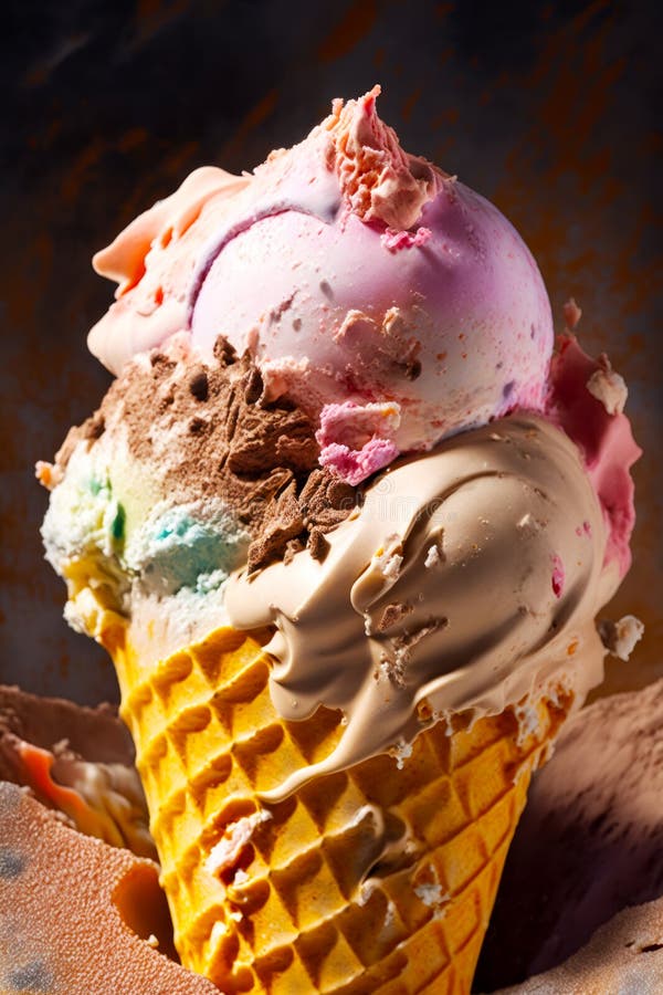 Three Scoops of Ice Cream in Waffle Cone on Table. Generative AI Stock ... Three Scoops of Ice Cream in Waffle Cone on Table. Generative AI Stock ...