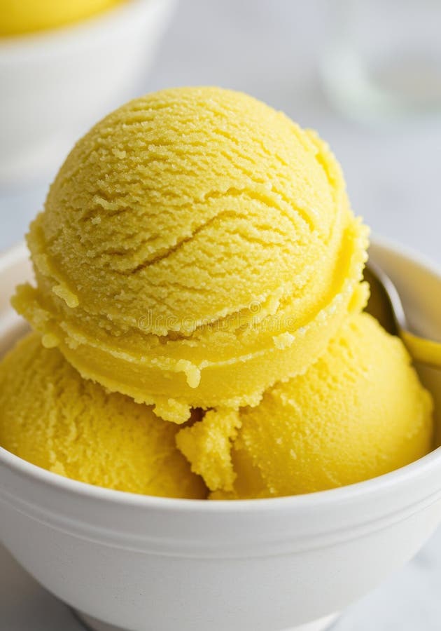 Three Scoops of Vibrant Yellow Mango Ice Cream in White Bowl Stock ...