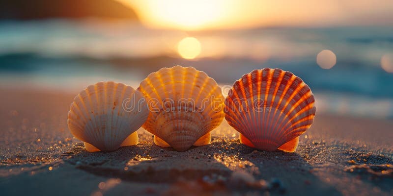 Three Sea Shells on the Beach at Sunset Stock Image - Image of animal ...