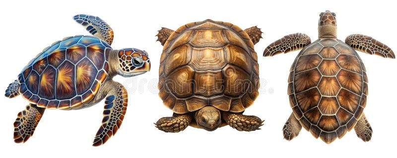 Three Sea Turtles are Displayed from Various Angles on Transparent ...