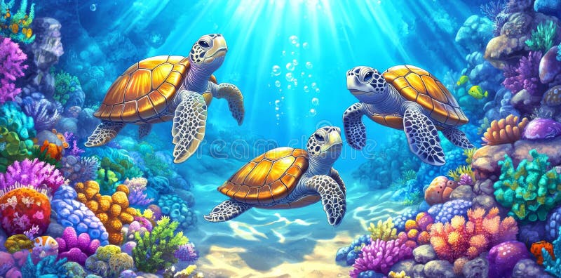 Three Sea Turtles Gliding through a Colorful Coral Reef Stock Image ...