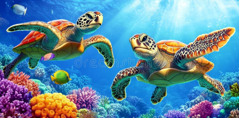 Three Sea Turtles Moving through a Lively Coral Reef Stock Image ...