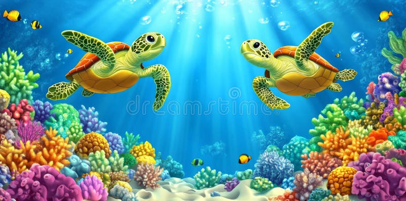 Three Sea Turtles Navigating a Vivid Coral Reef Stock Photo - Image of ...