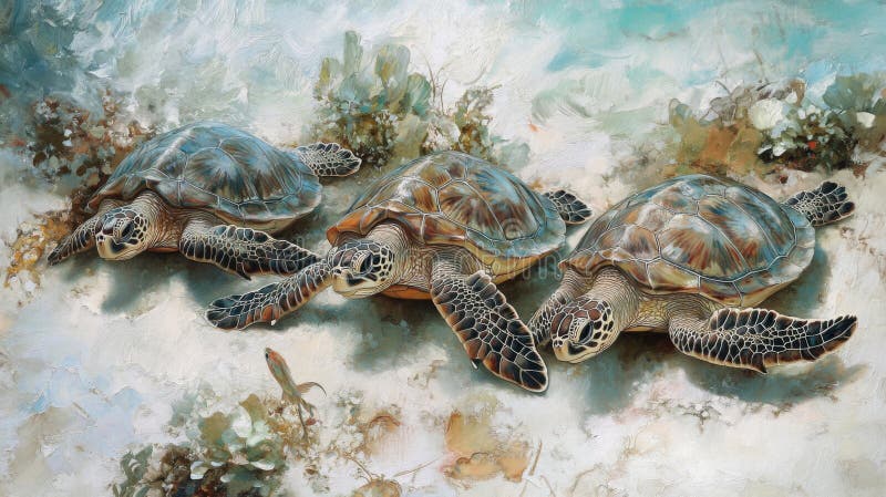 Three Sea Turtles on Sandy Beach Near Coral Reef Stock Illustration ...