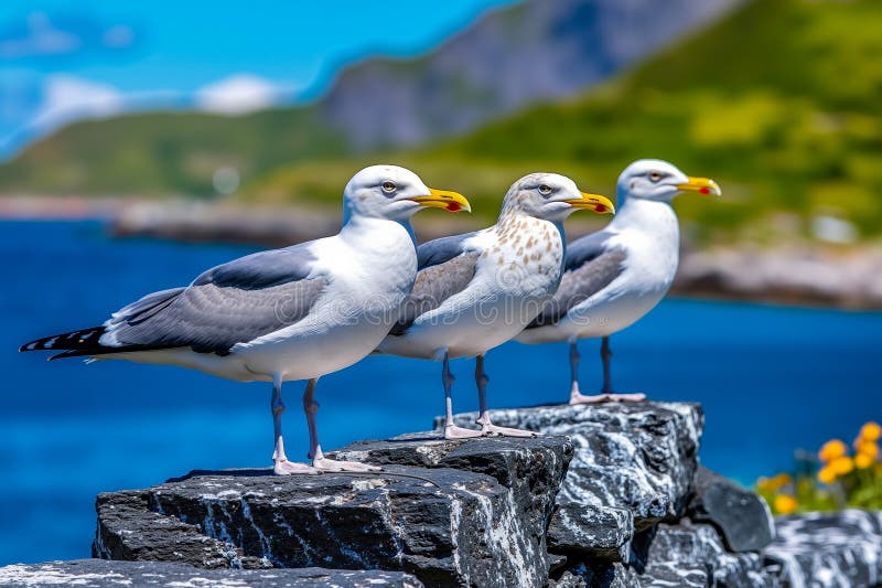 Three Seagulls are Standing on a Rock by the Water Stock Photo - Image ...