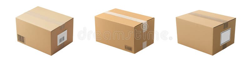 Three Sealed Cardboard Boxes are Shown from Different Angles, Isolated ...