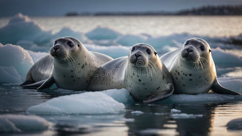 Three Harbor Seals Resting on Ice Floes in Arctic Waters Stock ...