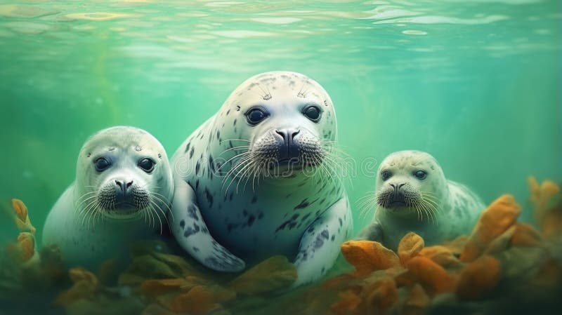 Three Seals Swimming in the Ocean with Some Algae, AI Stock Image ...