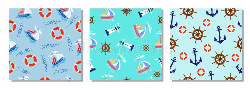 Three Seamless Nautical Patterns. Nautical Theme Vector. Sea Stock ...